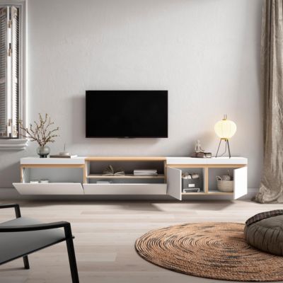 Meuble TV, Banc Télé, 288x35x45cm, TV grand format, Suspendu, Mural