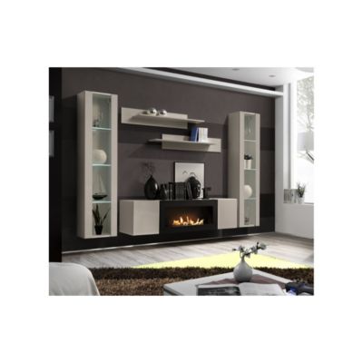 Meuble TV FLY cachemire avec cheminée bio-éthanol intégrée
