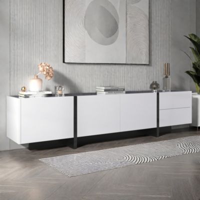 Meuble TV panneau bas avec pieds color-block blanc/noir brillant ...