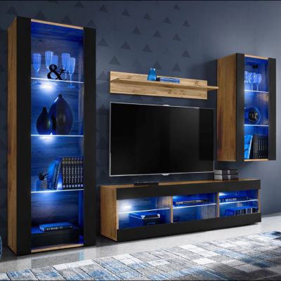 Meuble TV Tivoli Set Medio Komodee - LED bleues - Noir Mat ET Bois ...