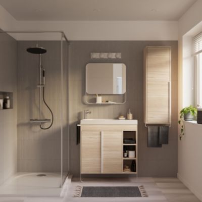 Meuble vasque faible profondeur effet bois avec porte-serviettes l.85 x ...