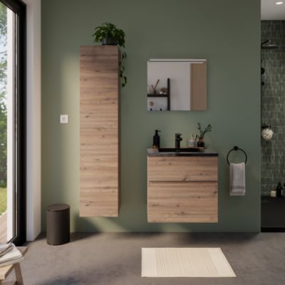 Meuble vasque faible profondeur suspendu effet chêne artisan l.60 cm ...