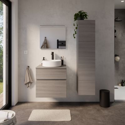 Meuble vasque faible profondeur suspendu effet chêne clair l.60 cm ...