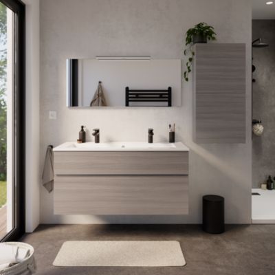 Meuble vasque suspendu effet chêne clair l.120 cm + plan vasque en ...