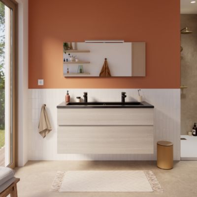 Meuble vasque suspendu effet chêne l.120 cm + plan vasque noir en ...