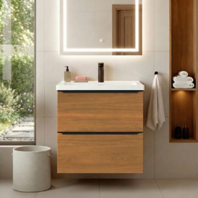 Meuble vasque suspendu faible profondeur effet noyer l.60 cm Imandra ...