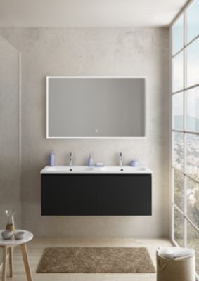 Meuble vasque suspendu noir mat l.60 cm x 2 + plan double vasque blanc ...