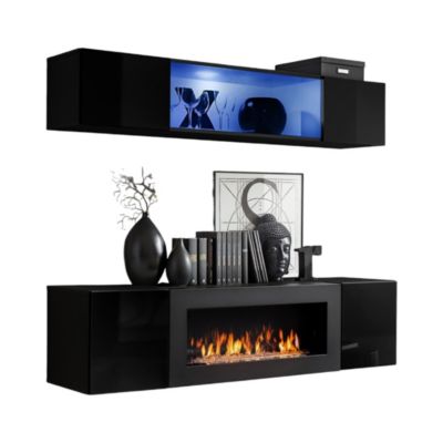 Meubles suspendus avec cheminée décorative FLY N3 Noir Meuble TV ...