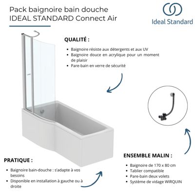 Pack baignoire bain douche 170 x 80 cm droite IDEAL STANDARD Connect ...