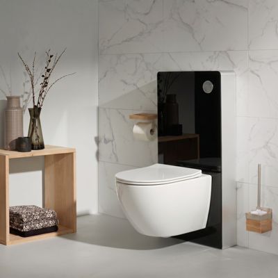 Pack WC suspendu gain de place bâti mural verre noir + cuvette sans ...