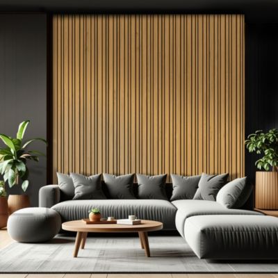 Panneau Boa en MDF fond noir, tasseaux décor chêne Saragosse L. 280 x l ...