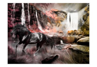 Papier peint intissé panoramique animaux cheval noir et cascade 200x154 ...