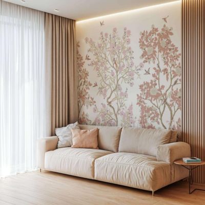 Papier peint panoramique avec paysage d'arbes et oiseaux enchantés - 170x260 cm (l x h)