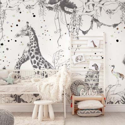 Papier peint panoramique enfant Scènes girafes, Blanc 255 x 250cm