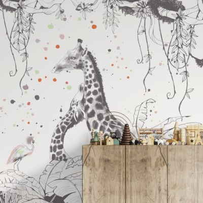 Papier peint panoramique enfant Scènes girafes, Blanc 255 x 250cm