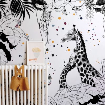 Papier peint panoramique enfant Scènes girafes, Blanc 340 x 250cm