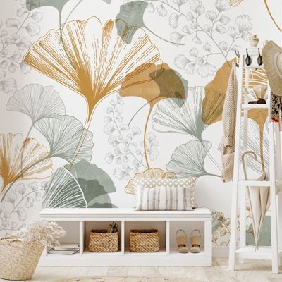Papier Peint Panoramique Floral Ocre et Vert - 99DECO - L240xH270cm ...