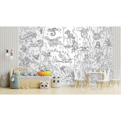 Papier peint panoramique intissé enfant à colorier dragon noir et blanc ...