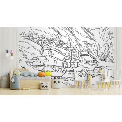 Papier peint panoramique intissé enfant à colorier village de montagne ...