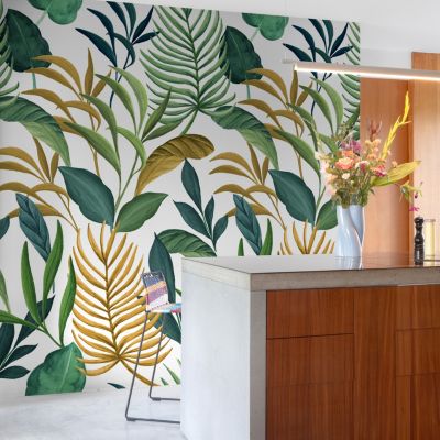 Papier peint panoramique intissé feuillage tropical jaune, vert, 3 lés ...
