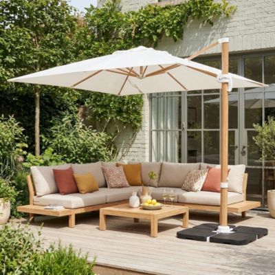 Parasol déporté carré ecru 3x3m structure effet bois + Lot de 4 dalles ...