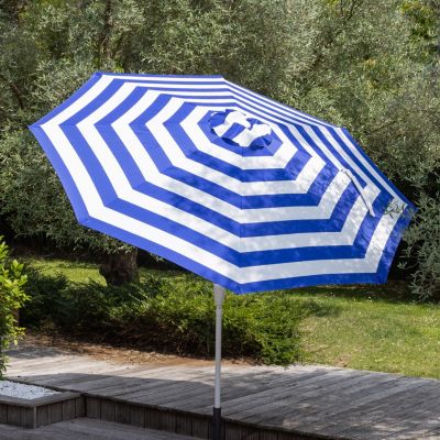 Parasol droit BANDOL rond 2,70m de diamètre à rayures bleues - HAPPY GARDEN