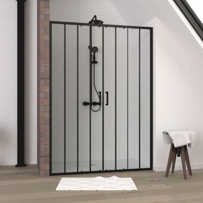 Paroi de douche à double porte coulissante 140 x 160 cm, profilé noir ...
