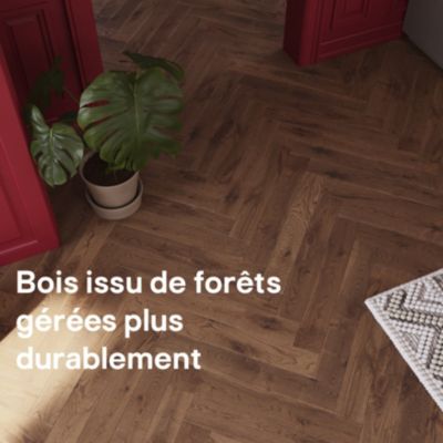 Parquet massif à coller Skara bâtons rompus en chêne verni brun