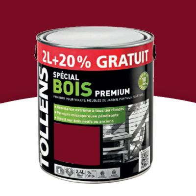 Peinture bois extérieur premium rouge basque Tollens 2L + 20% gratuit ...