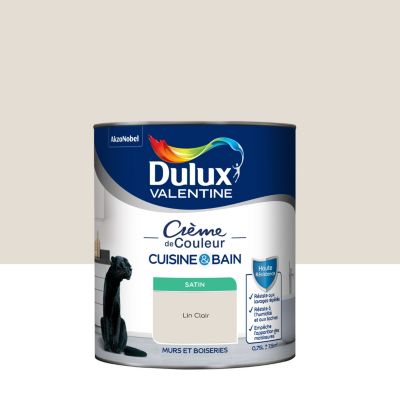 Peinture haute résistance Crème de couleur cuisine et bain Dulux Valentine lin clair satin 0,75L ...