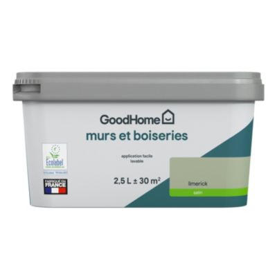 Peinture murs et boiseries vert limerick satin GoodHome 2.5 L