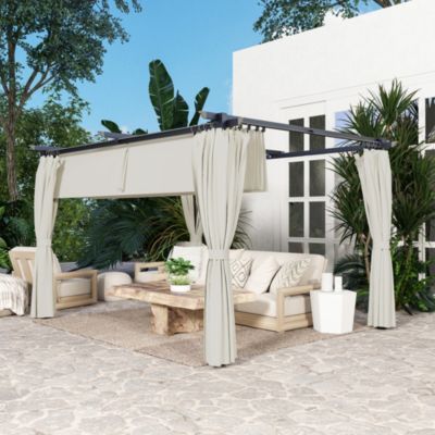 Pergola 3 x 4 m toile toit rétractable 4 rideaux ajustables métal noir ...