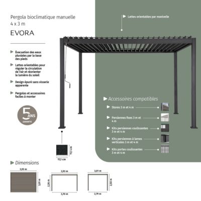 Pergola bioclimatique autoportante 25 lames orientables EVORA aluminium ...