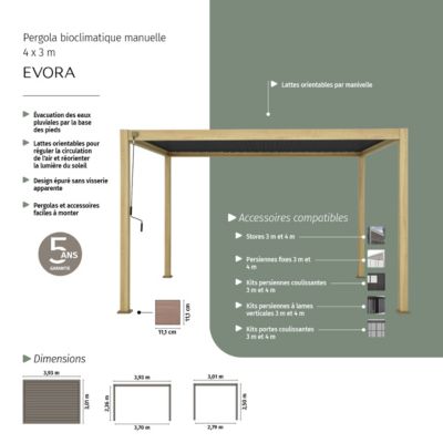 Pergola bioclimatique autoportante manuelle EVORA aluminium miel 12m² ...