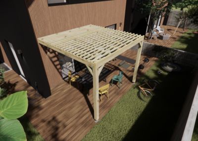 Pergola bois - 3m x 3m - adossée - sens profondeur - lattage bois ...
