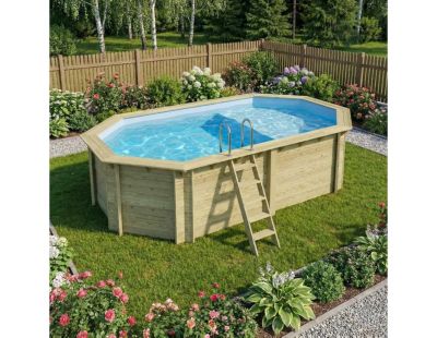 Piscine hors sol en bois NEMO 5.79 x 3.49 - H.1.45 m avec plage, bleu ...
