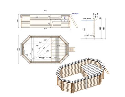 Piscine hors sol en bois NEMO 5.79 x 3.49 - H.1.45 m avec plage, bleu ...