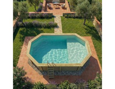 Piscine hors sol en bois NEMO 5.79 x 3.49 - H.1.45 m avec plage, sable ...