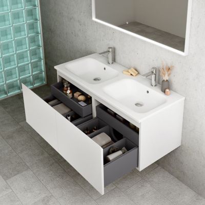 Plan double vasque en résine blanc brillant l.120 cm, Pura+