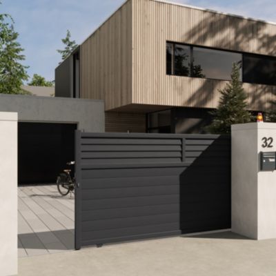 Portail 1/4 persienné coulissant aluminium Neva Klikstrom + motorisation Somfy l.360 x H.168 cm ...