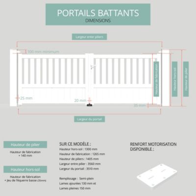 Portail battant en aluminium Duny 3.56X1.20m blanc 9016