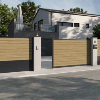 Portail coulissant aluminium Neva Klikstrom + motorisation Somfy l.360 x H.168 cm effet bois