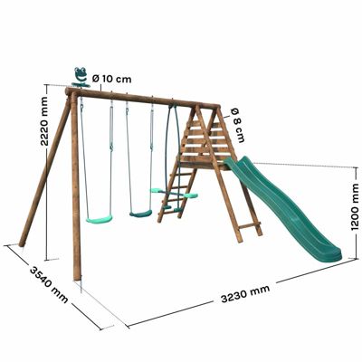 Portique en bois rond 3 agrès avec face à face et toboggan VIOLETTE