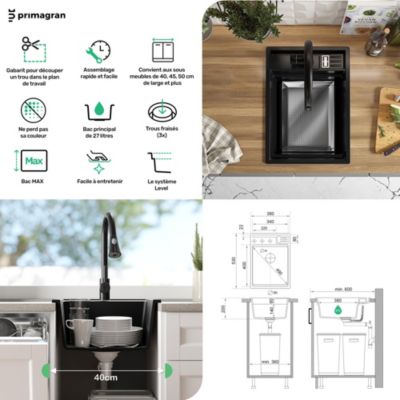 PRIMAGRAN Evier Cuisine en Granit Beige 38x53cm, Lavabo 1 bac + Kit de ...