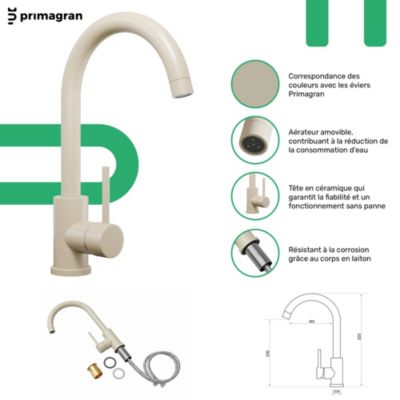 PRIMAGRAN Evier Cuisine en Granit Beige 38x53cm, Lavabo 1 bac + Kit de ...