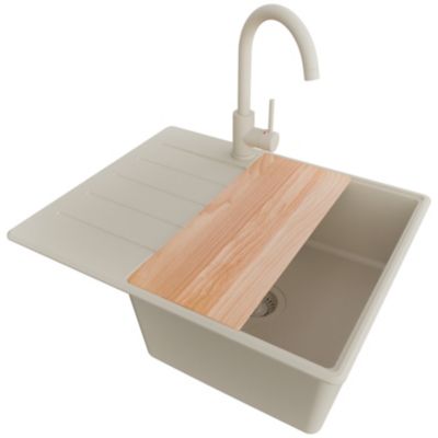 PRIMAGRAN Evier Cuisine en Granit Beige 62x50cm, Lavabo 1 bac + Kit de ...