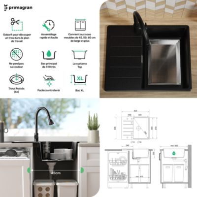 PRIMAGRAN Evier Cuisine en Granit Beige 62x50cm, Lavabo 1 bac + Kit de ...