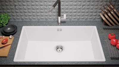PRIMAGRAN Evier Cuisine en Granit Blanc 76x47cm, Lavabo 1 bac + Kit de ...