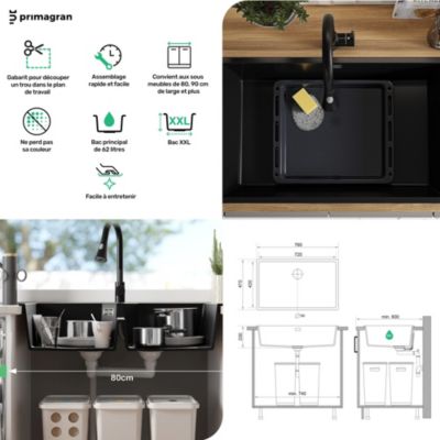 PRIMAGRAN Evier Cuisine en Granit Graphite 76x47cm, Lavabo 1 bac + Kit ...