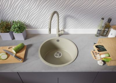 PRIMAGRAN Evier cuisine Granit Rond Beige 46x46cm, Evier 1 bac + Kit de ...